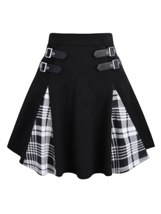 SOLY HUX Damen Kariert Rock Minirock Faltenröcke Hohe Taille Freizeitrock Tanzrock A-Linie Partyrock Casualrock Mini Rock Schwarz XL