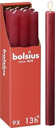 Bolsius Rustik Lot de 9 bougies &agrave; tige - Delicate Rouge - Longueur : 13 heures - Sans parfum - Cire v&eacute;g&eacute;tale naturelle - Sans goutte - Sans huile de palme - 2