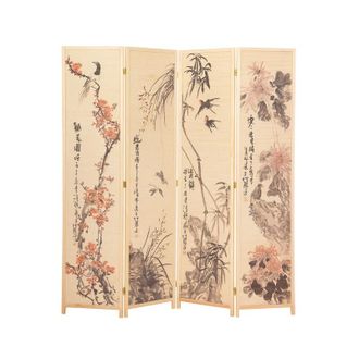 PEGANE Paravent japonais en bois et bambou 4 pans avec dessin coloris naturel - Hauteur 175 x Largeur 176 x Profondeur 2 cm