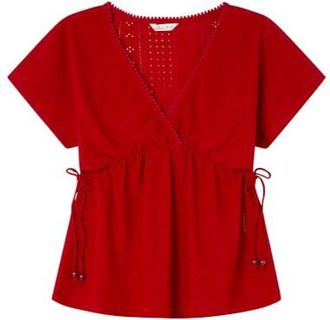 Springfield Swiss Embroidered V Neck Top T-Shirt avec col en V, Rouge, XL Femme