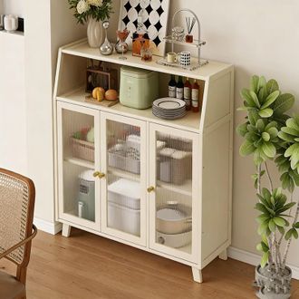 Generic Sideboard in Massivholzoptik mit halbtransparenten Glast&uuml;ren Offene Regalb&ouml;den + Schubladen Stauraum for das Esszimmer, Teeschrank und Wohnzimmer(Whit