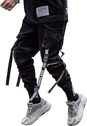 ORANDESIGNE Pantalon de Jogging pour Homme Pantalon Cargo Hip Hop Noir Multi-Poches Streetwear Teachwear C Noir M