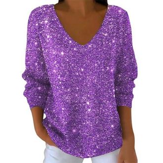 Generic T-shirt festif &agrave; paillettes &agrave; manches longues pour femme - &Eacute;l&eacute;gant - Paillettes - Haut &agrave; paillettes - Manches 3/4 - Chemisier scintillant - Col en V -