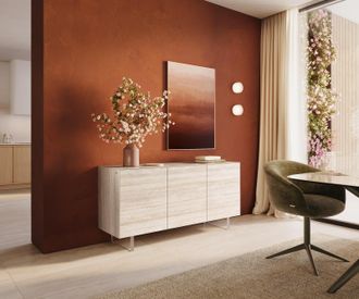 DELIFE Sideboard Cuor 150 cm Keramik Laminam Travertino Bianco Creme-Wei&szlig; 3 T&uuml;ren Fu&szlig; Schwebeoptik Acrylglas, Sideboards