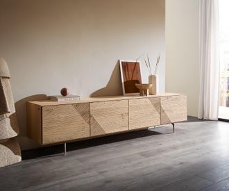 DELIFE Lowboard Tereos 220 cm Eiche Natur 3D Effekt 4 T&uuml;ren Winkelfu&szlig; Edelstahl geb&uuml;rstet, Lowboards