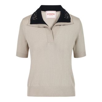 Iceberg Femme, Pulls, Vert, Taille: 38 FR Dropped Plain Knit Polo Sweater