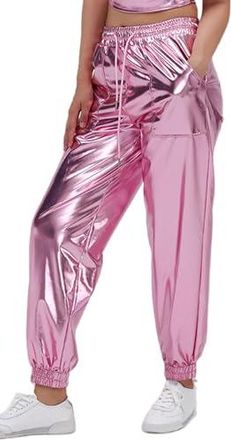 Feoya Pantalon de Jogging M&eacute;tallique Brillant Femme 80s 90s Glitter Pantalon de Jogging Holographique Hip Hop Club Streethose Rose XL