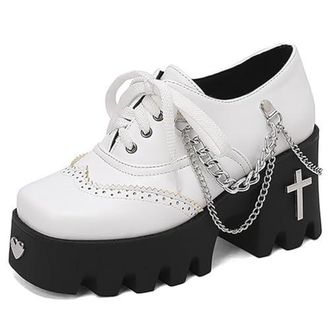 Generic Chaussures Oxford &agrave; Plateforme pour Femmes Fermeture &agrave; Lacets Talons carr&eacute;s &eacute;pais Bout carr&eacute; Design Bicolore ou cha&icirc;ne m&eacute;tallique Semelle crant&eacute;e &eacute;pai