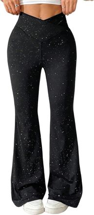 SOLY HUX Damen Hosen Elegant Glitzer Schlaghose Fashion Schlagleggings Elastischer Taille Casualhose Herbst Party Outfit Schwarz S