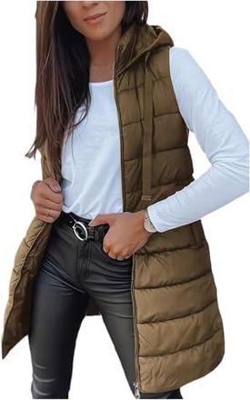 Generic Manteau gilet Long for femmes, veste rembourr&eacute;e de Style Parka sans manches, gilet long matelass&eacute; &eacute;pais for lautomne et lhiver(Khaki,5XL)