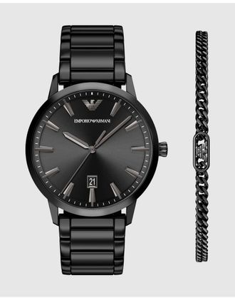 Emporio Armani Uhrenset mit schwarzem Edelstahlarmband und Armband, Dreizeiger-Datum in Schwarz