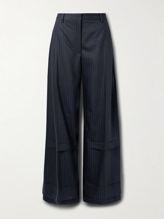 Khaite Pantalon Large En Serge &Agrave; Chevrons, Fines Rayures Et Empi&egrave;cements Linden - Bleu
