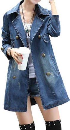 Generic Veste en jean pour femme, manteau en jean r&eacute;tro &agrave; manches longues, v&ecirc;tement dext&eacute;rieur tenue d&eacute;contract&eacute;e d&eacute;chir&eacute;, bleu, grande taille