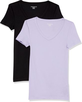 Amazon Essentials Damen Kurzärmeliges T-Shirt mit V-Ausschnitt, Schmale Passform, 2er-Pack, Schwarz/Lavendel, XXL