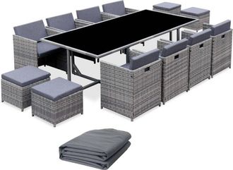 Sweeek Table de jardin 8-12 places - Vabo - table encastrable + Housse de protection gris fonc&eacute; polyester Nuances de gris / Gris chin&eacute;