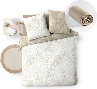 Douceur d'Int&eacute;rieur Pack Botanica Naturel 260 x 240 cm - Housse de Couette R&eacute;versible + Drap Housse Beige 160x200 cm