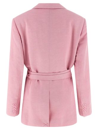 Nude Belt-Cinched Linen-Tencel Blazer - Pink