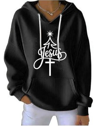 Generic Sweat à capuche décontracté imprimé foi de Noël pour femme Jésus arbre de Noël foi croix pull à capuche, Noir, 3XL