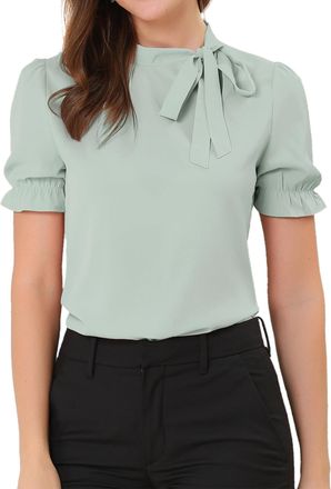 Allegra K Damen Sommer Elegant Bluse 50er Jahre mit Schleife Schluppenbluse Festliche Blusen Kurzarm Panel Fliege Hals R&uuml;schen Top Hellgr&uuml;n M