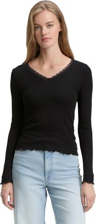 Tom Tailor Damen 1048403 Langarmshirt mit Spitze, 14482-Deep Black, XXL