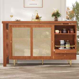 Urban Meuble Table de bar extensible rotative à 360° effet bois et meuble de rangement avec porte en rotin 107-187x40x76cm - Urban Meuble