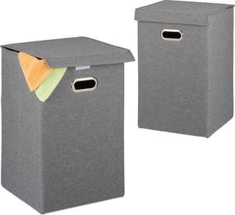 Relaxdays Wäschekorb 2er Set, faltbare Wäschesammler mit Deckel, Wäschetruhe eckig, 62 L, 55,5 x 35,5 x 35,5 cm, grau, 1 Stück