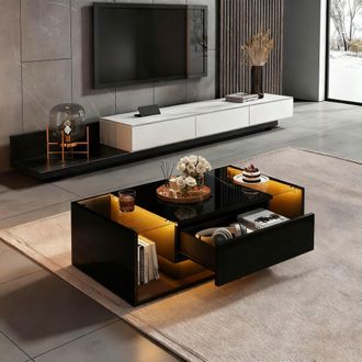Generic 100 * 50 * 31cm Couchtisch,kaffetisch mit 1 Schublade und LED-Lichtleiste, Beistelltisch aus gehärtetem Glas,Hochglanz-Sofatisch,Schwarzer Wohnzimmert