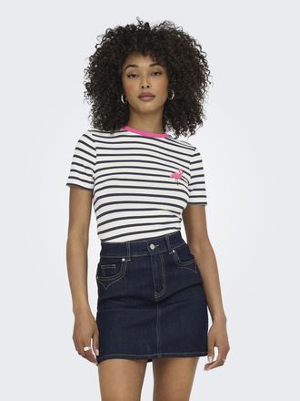 Only Kurzarmshirt ONLY ONLHEART LIFE S/S TEE JRS NOOS, Damen, Gr. XS, cloud dancer stripes flamingo, Jersey, Obermaterial: 95% Viskose, 5% Elasthan, gestre