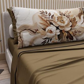 Petti Artigiani Italiani Bettwäsche aus Baumwolle mit Kissenbezügen mit Digitaldruck, Bettlaken für französisches Bett, Bettwäsche-Set mit Blumenmuster, Braun und Taupe, 100% 