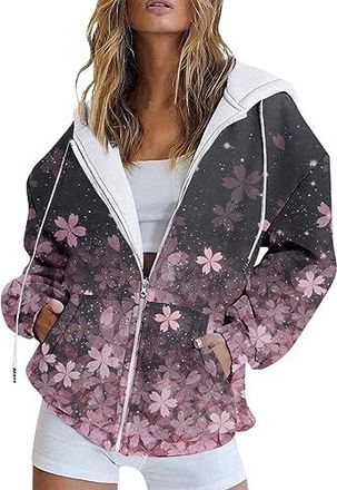 Generic Sweat à capuche zippé sur le devant avec poches pour femme - Veste à manches longues - Joli sweat à capuche zippé en coton pour femme, b, L