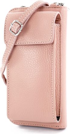 modamoda.de P06 Damen Leder Umh&auml;ngetasche Geldb&ouml;rse Handytasche 6,5 Zoll handmade in Italy, Farbe:Rosabeige dunkel