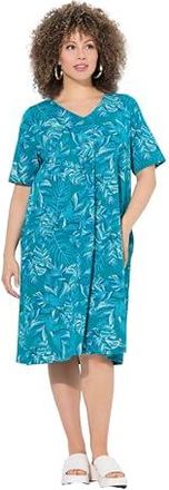 Ulla Popken Femme Grandes Tailles Robe en Jersey, imprimé Feuilles. Décolleté V et Manches Courtes. Coupe évasée pétrol 46+ 838482769-46+