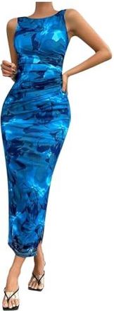 Generic Robes amincissantes 2026 pour dames, tendance, d&eacute;contract&eacute;e, coupe ajust&eacute;e, sans manches, fente et col haut, bleu, XL