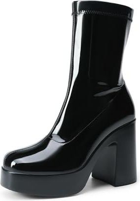 Dream Pairs Bottines à talon épais pour femme, Pat noir, 43 EU