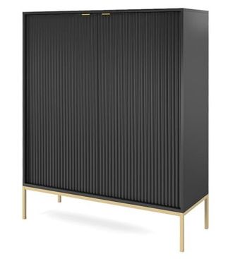 Selsey Vellore - Highboard Hochkommode, Schwarz mit geriffelten Fronten und goldenen Metallbeinen, 104 cm