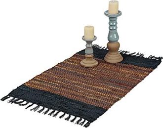 Relaxdays Flickenteppich, 60 x 110 cm, Baumwolle & Leder, Teppichläufer mit Fransen, rutschfest, Fleckerlteppich, braun