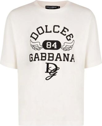 Dolce & Gabbana Homme, Tops, Blanc, Taille: S T-shirt en coton avec logo imprim&eacute;