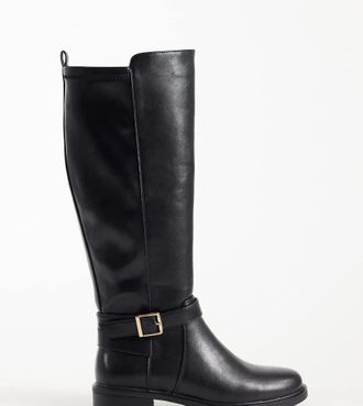New Look Wide Fit Reitstiefel mit Stretch-Passform in Schwarz