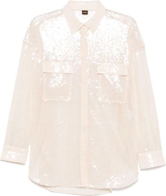 BOSS Paillettenhemd mit spitzem Kragen - Nude