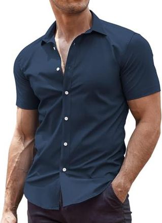 Coofandy Chemises à manches courtes pour homme - Coupe droite - Infroissable - Chemise daffaires extensible - Chemise dété - Bureau décontracté, Bleu marine, S
