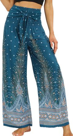 Feoya Leichte Sommerhose Damen Palazzo Hose Hippie mit Kordel Yoga Zumba Strandhose Damen Lang Hohe