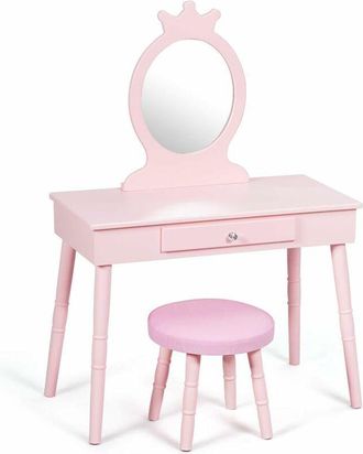 Costway Costway - Coiffeuse enfant avec tabouret - Bois massif et panneaux de particules - Miroir de haute qualit&eacute; - Grand tiroir de rangement - Rose