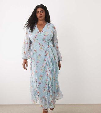 Vila VILA Curve - Maxi-Wickelkleid aus Dobby-Stoff in Hellblau mit R&uuml;schen und Blumenmuster