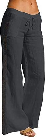 Generic Pantalon Femme Coton Lin Taille Haute Large Jambe Mode Cordon &eacute;lastique Confortable Droite Long Pantalons avec Poches