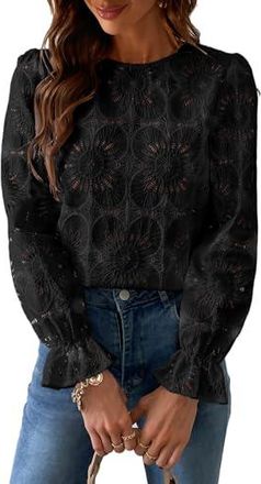 Cupshe Chemisier pour femme avec découpes florales, col rond, manches longues, poignets élastiques, chemise élégante, Noir, XL