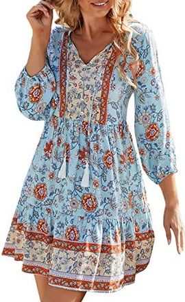 Generic Robes boh&egrave;me 2026 pour femmes, col en V, boutons &agrave; lacets, style boh&egrave;me, d&eacute;contract&eacute;, robe courte, bleu, XL