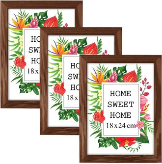 MG Design Set aus 3 Braun Bilderrahmen 18 x 24 cm - Aus echtem Holz mit Acrylglas, zum Aufhängen & Aufstellen, für Fotos, Poster & Puzzle