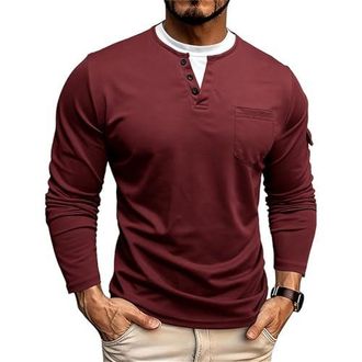 Generic T-shirt tendance pour homme avec col en V et manches longues, rouge vin, XXL