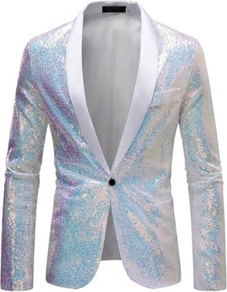 Generic Veste de costume &agrave; paillettes pour homme - Blazer &agrave; paillettes - Pour f&ecirc;te, d&icirc;ner, bal de fin dann&eacute;e, danse, sport, blanc, XXL
