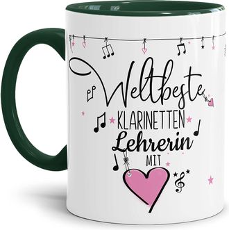 Tassendruck Berufe Tasse - Weltbeste Klarinetten Lehrerin - Geschenk f&uuml;r die weltbeste Musiklehrerin, Musikunterricht, Lehrerin - Keramik Innen & Henkel Dunkelgr&uuml;